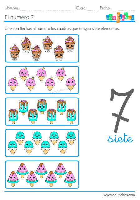 Aprender el número siete. Hojas de trabajo bilingües.