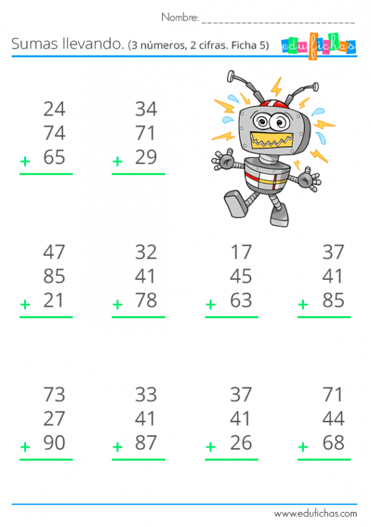 Sumar llevando - Fichas de Sumas con Llevadas para Primaria GRATIS