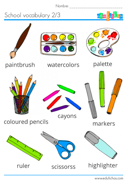 School vocabulary. Vocabulario escolar en inglés para niños.