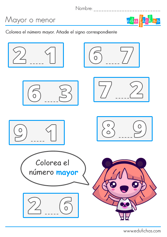 Mayor Que - Menor Que. Fichas para niños con Signos Menor y Mayor