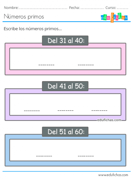 Números Primos del 1 al 100. Fichas para Primaria con Ejercicios