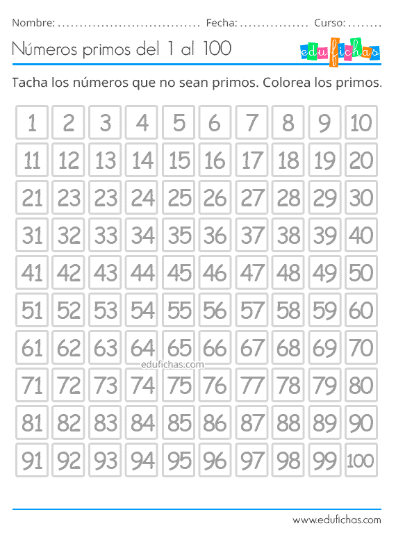 Números Primos del 1 al 100. Fichas para Primaria con Ejercicios