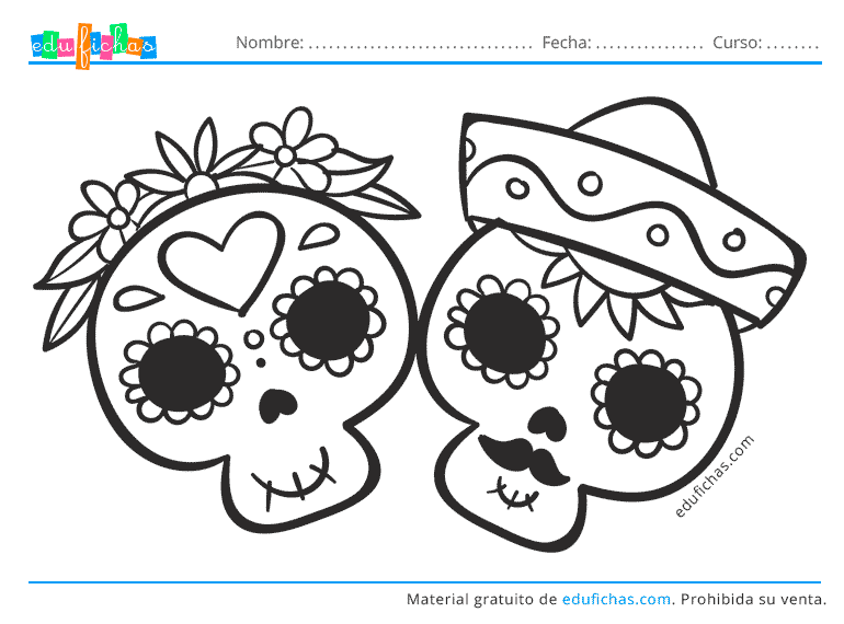 Dibujos del Día de Muertos para Colorear. Descargar PDF Gratis.