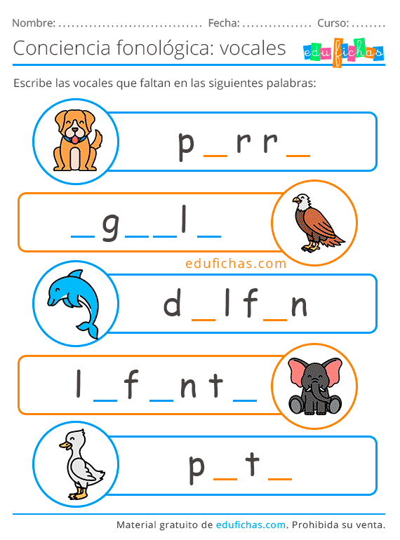 Completar las Vocales. Ejercicios de Conciencia Fonológica con Vocales