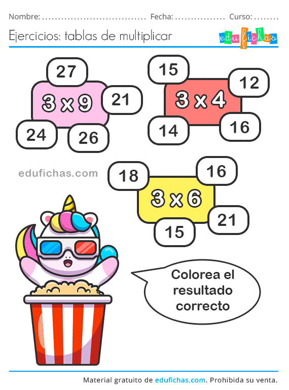 🥇 Tabla del 3 | Fichas + Ejercicios | Aprender a Multiplicar GRATIS