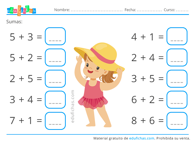 Sumas de Verano para Niños. Descargar PDF de Sumas para Vacaciones