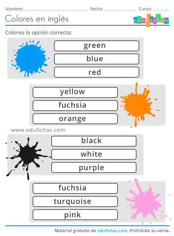 Colores en Inglés. Vocabulario + Ejercicios para Niños Gratis【PDF】