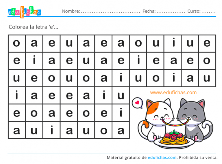 Letra E. Fichas de Actividades con la vocal e. PDF Gratis.