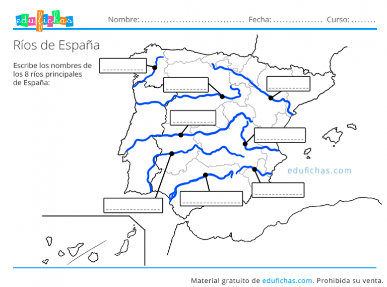 Ríos de España - Mapas para Imprimir + Ejercicios Gratis en PDF