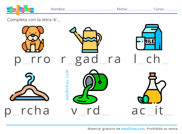 Letra E. Fichas de Actividades con la vocal e. PDF Gratis.