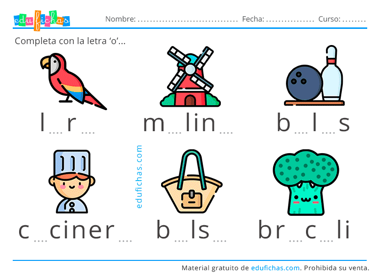 Letra O. Fichas de Actividades con la vocal O. PDF Gratis.