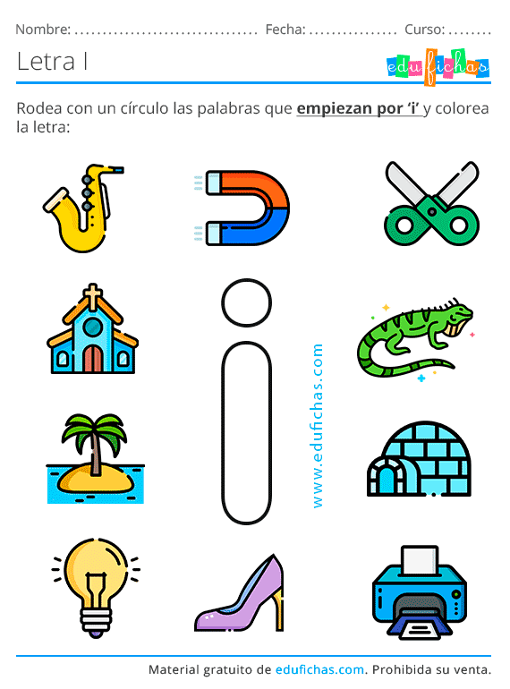 Letra I. Fichas de Actividades con las Vocal "i". PDF Gratis.