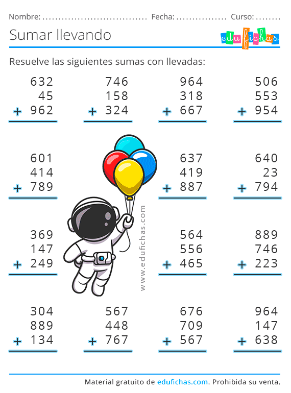 Sumar llevando - Fichas de Sumas con Llevadas para Primaria GRATIS