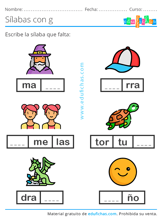 Letra G - Sílabas y Palabras con G - Consonantes para Imprimir (PDF)