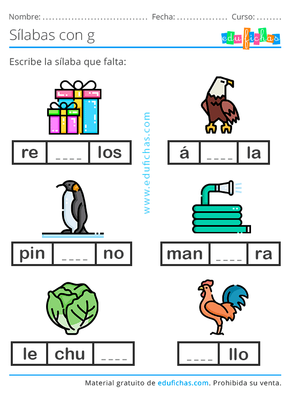 Letra G - Sílabas y Palabras con G - Consonantes para Imprimir (PDF)