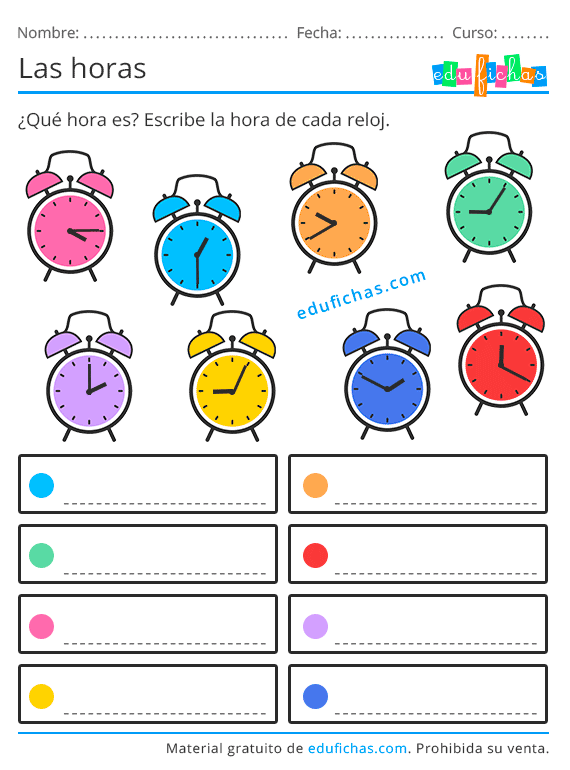 Aprender las Horas del Reloj. Actividades Gratis en PDF