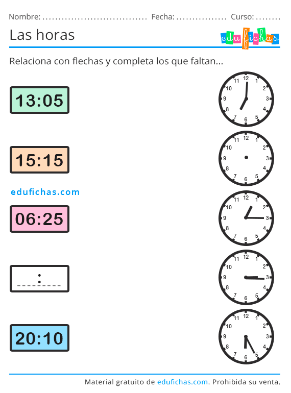 Aprender las Horas del Reloj. Actividades Gratis en PDF