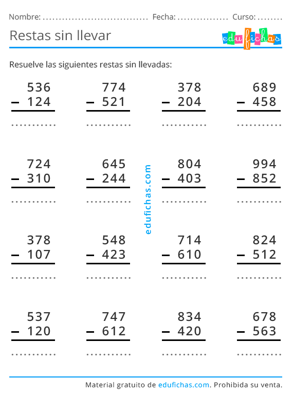 Restas Con Llevadas Hoja De Restas Para Imprimir En Pdf Restas ...