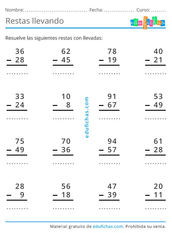 Restas con Llevadas: Hoja de Restas para Imprimir en PDF